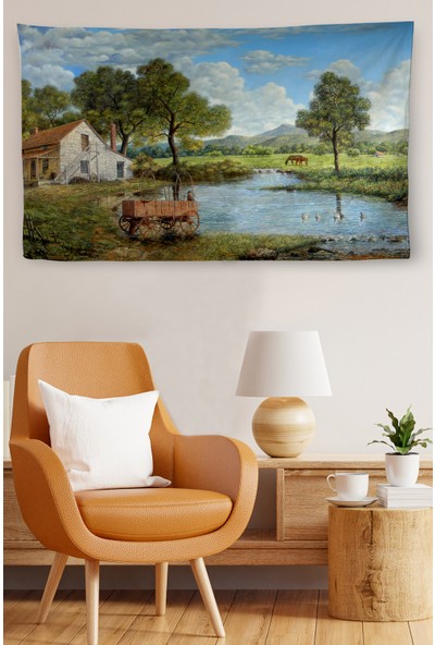 Harita Sepeti Duvar Örtüsü Köy Evi Manzaralı Kanvas Duvar Halısı