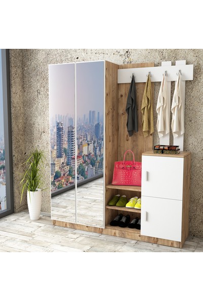 L'occi Concept Wood Vestiyer Portmanto Ayakkabılık Çam-Beyaz