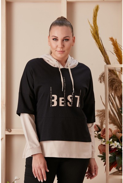 Rmg Baskılı Kapşonlu Siyah Büyük Beden Sweatshirt