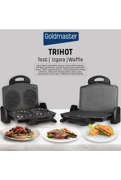Goldmaster IN-7464S Trihot 3in1 Granit Çıkarılabilir Waffle Izgara Tost Makinesi Goldmaster IN-7464S Trihot 3in1 Granit Çıkarılabilir Waffle Izgara Tost Makinesi