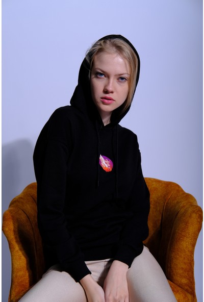 Ma Sorte Astronot Baskılı Kanguru Cep Kapüşonlu Siyah Sweatshirt