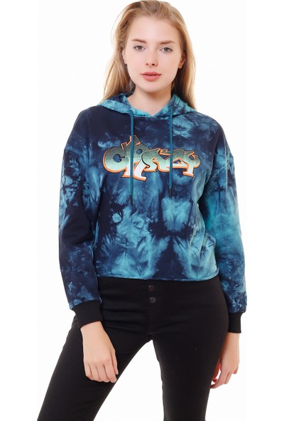 Ma Sorte Crazy Baskılı Batik Desenli Kapüşonlu Lacivert Sweatshirt