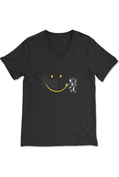 Tişört Fabrikası Gülen Siyah Ay Desenli Unisex V Yaka Tişört, V Yaka T-Shirt