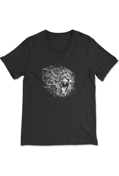 Tişört Fabrikası Kükrek Aslan Desenli V Yaka T-Shirt
