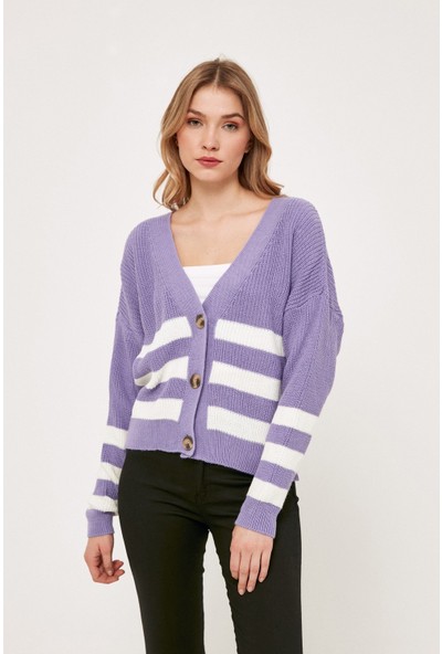 FullaModa Çizgili Düğmeli Triko Hırka