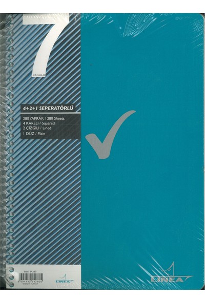 Linea 7 Bölmeli Seperatörlü Defter A4 280 Yp. Plastik Kapak Spiralli 4 Kareli + 2 Çizgili + 1 Düz Linea 7 Bölmeli Seperatörlü Defter A4 280 Yp. Plastik Kapak Spiralli 4 Kareli + 2 Çizgili + 1 Düz