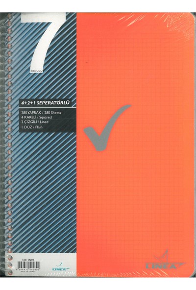 Linea 7 Bölmeli Seperatörlü Defter A4 280 Yp. Plastik Kapak Spiralli 4 Kareli + 2 Çizgili + 1 Düz