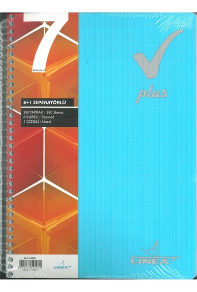 Linea 7 Bölmeli Seperatörlü Defter A4 Plus 280 Yp. Plastik Kapak Spiralli 6 Kareli + 1 Çizgili