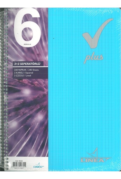 Linea 6 Bölmeli Seperatörlü Defter Plus A4 240 Yp. Plastik Kapak Spiralli 3 Kareli + 3 Çizgili