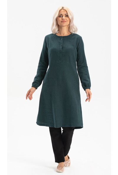 Eliş Şile Bezi Uzun Kol Pazen Manolya Tunik Petrol