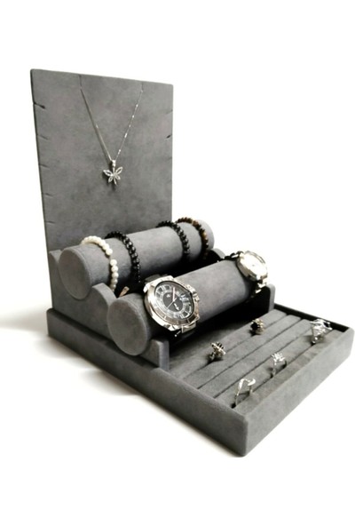 İsdeksan Kolye , Yüzük , Saat , Bileklik , Küpe ve Çok Amaçlı Takı Standı ve Düzenleyici Gri