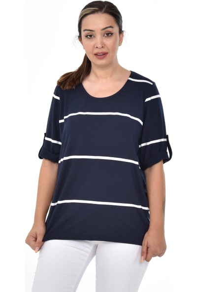 Urban Marin Oversize Büyük Beden Çizgili Marin Tişört