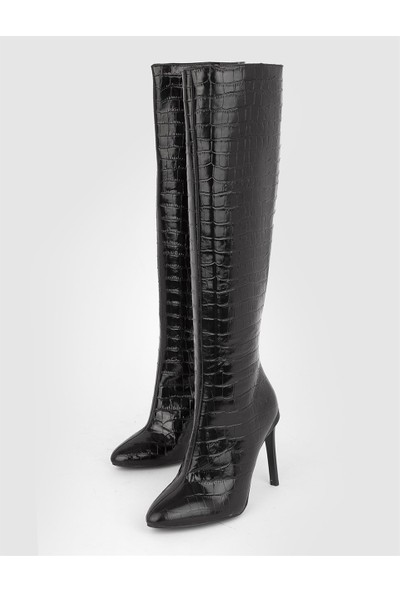 İLVİ Blasia Kroko Kadın Siyah Topuklu Çizme