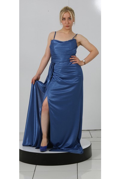 Sorella Abiye Saten Yırtmaçlı Omzu Açık Sırt Dekolteli Abiye Gece Mezuniyet Elbisesi