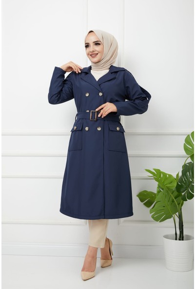 Alnida Collection Lacivert Içi Astarlı ve Su Geçirmez Düğme Kapamalı Trençkot
