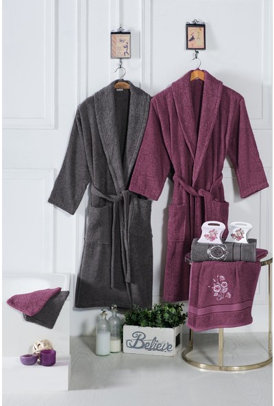 Mürdüm Home 8 Parça Nakışlı Bornoz Seti Bornoz Takımı Çeyiz Seti