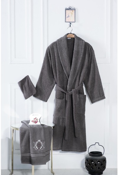 Mürdüm Home 4 Parça Nakışlı Bornoz Seti Bornoz Takımı Çeyiz Seti