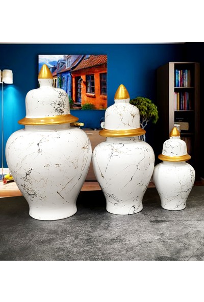 Otogar Çini 3'lü Mermer Desenli Seramik Salon Konsol Şah Küp Takımıseti Beyaz -Yaldızlı