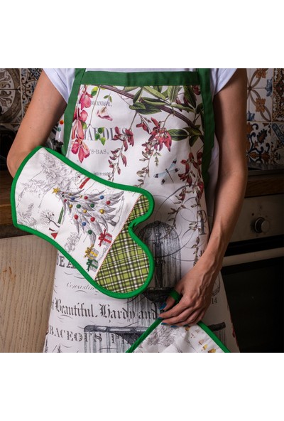 Vivamaison Isıya Dayanıklı Desenli Özel Fırın Eldiveni Tutacak ve Mutfak Önlüğü Set