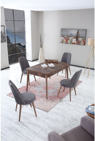 Morkese Great Serisi Barok Ceviz Gold 4 Sandelyeli Açılabilir Yemek ve Mutfak Masa Takımı - Gri