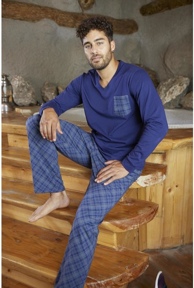 Aydoğan Erkek Pamuklu Penye Süprem Uzun Kollu Altı Ekoseli Pijama Takımı