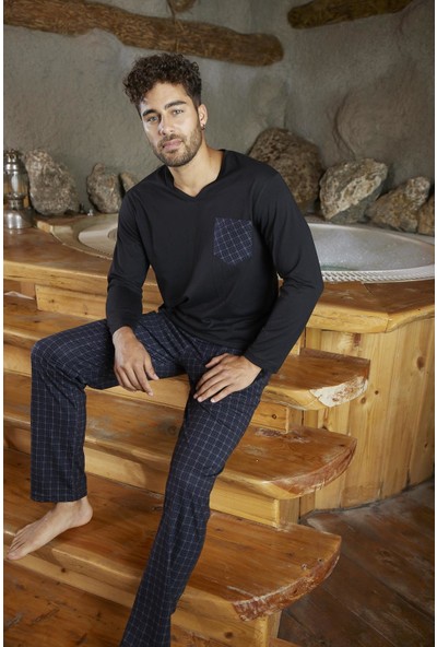 Aydoğan Erkek Pamuklu Penye Süprem Uzun Kollu Altı Ekoseli Pijama Takımı