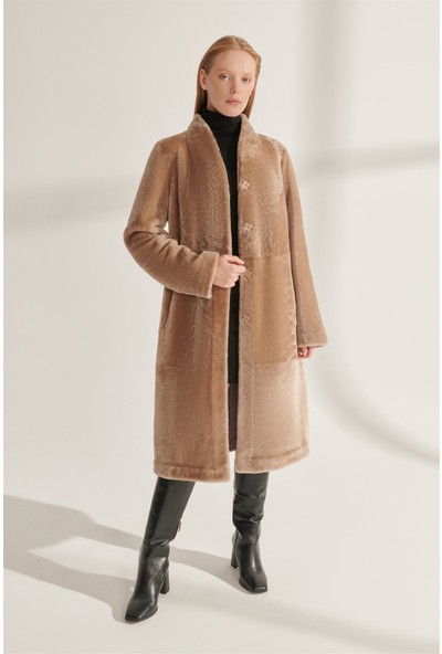 Black Noble Reagan Kadın Bej Kürklü Deri Kaban