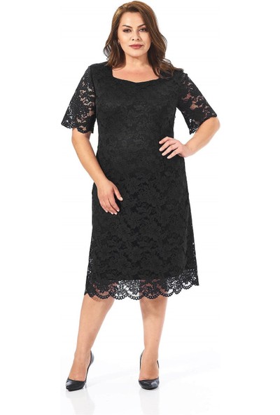 Lilas Xxl Büyük Beden Kare Yaka Siyah Renkli Dantel Elbise