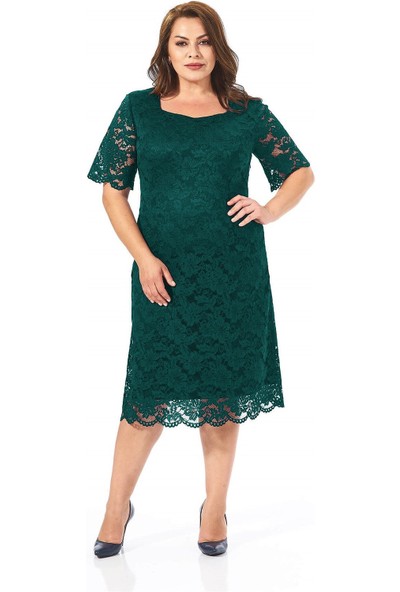 Lilas Xxl Büyük Beden Kare Yaka Yeşil Renkli Dantel Elbise