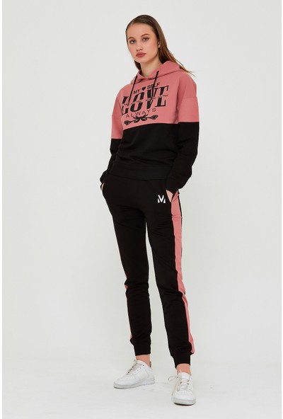 Margoseel Pembe Kadın Eşofman Takımı Kapüşonlu Baskılı
