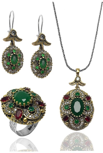 Midyat Gümüş Dünyası Kadın Otantik Gümüş Üçlü Set Yeşil Kök Zümrüt Taşlı MGD2020855