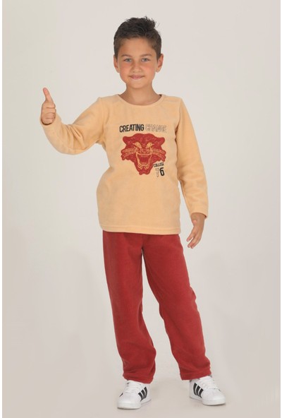 Hayal Sepeti Sarı - Kiremit Polar Hayal Sepeti 46023 Erkek Çocuk Pijama Takımı