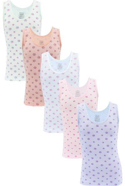 Biyokids Kız Çocuk Atlet 5'li Paket Karışık Renk Geniş Askılı Baskılı Atlet BYO1864
