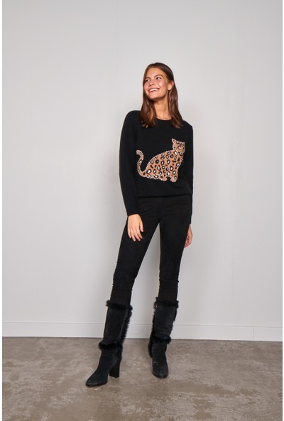 Join Us Kedi Desenli Bisiklet Yaka Triko Kazak