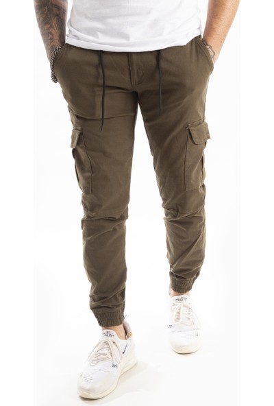 DeepSEA Haki Paçası ve Beli Lastikli Bağcıklı Erkek Kargo Pantolon 1601569-023