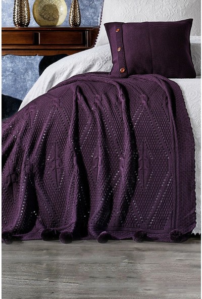 Vespucci Home Ponponlu Triko Tv Battaniyesi ve Kırlent Seti Mor