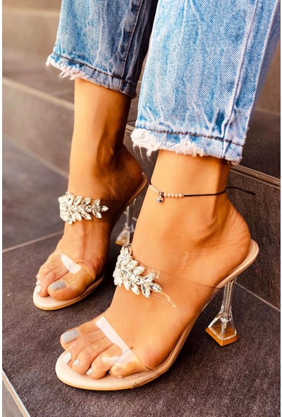 Laminta Elyın Nude Taşlı Şeffaf Kadın Topuklu Terlik