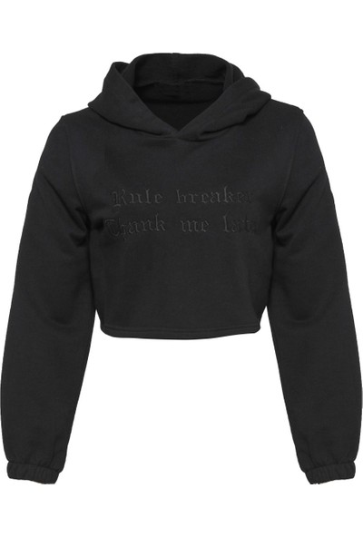 Quzu Sırt Dekolteli Crop Sweatshirt Siyah