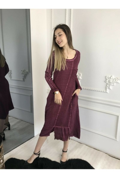 Bohemian Taşlanmış Pamuk Kumaş Naturel Otantik Elbise