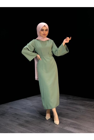 Abay Giyim Bel Bağlamalı Kalem Elbise - Çağla Yeşili