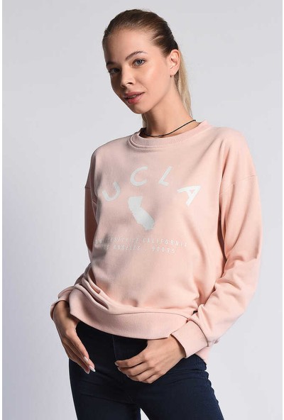 Ucla Alameda Pembe Bisiklet Yaka Baskılı Oversize Kadın Sweatshirt
