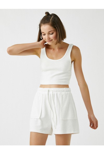 Koton Kadın Geniş Yaka Askılı Crop Tişört