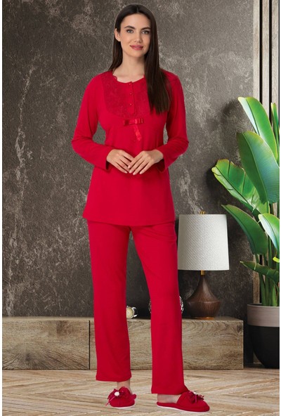 Şık Mecit Kırmızı Dantelli Lohusa Pijama Takımı
