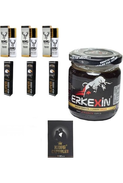 Erkexin Epimedyumlu Macun 240gr + Stag 9bin Sprey 3 Ad & 3 Ad Krem + King 2 Li Perfonmans Bitkisel Kapsül Erkexin Epimedyumlu Macun 240gr + Stag 9bin Sprey 3 Ad & 3 Ad Krem + King 2 Li Perfonmans Bitkisel Kapsül