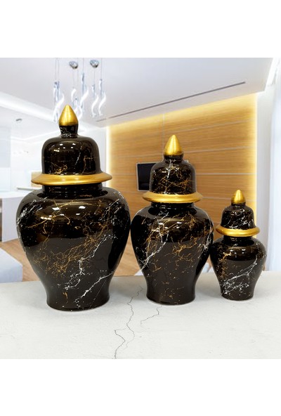 Otogar Çini 3'lü Mermer Desenli Seramik Salon Konsol Şah Küp Takımıseti Siyah Renk-Yaldız Seçenekli Otogar Çini 3'lü Mermer Desenli Seramik Salon Konsol Şah Küp Takımıseti Siyah Renk-Yaldız Seçenekli