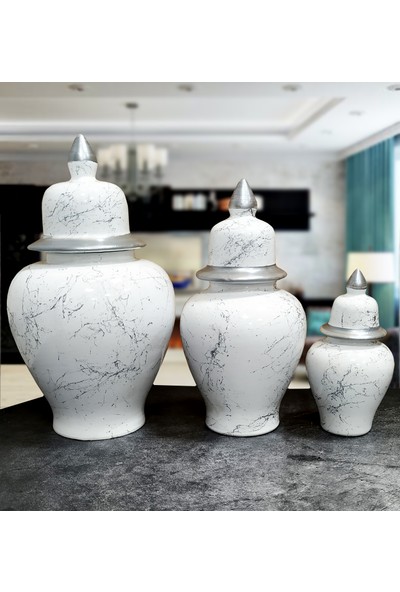 Otogar Çini 3'lü Mermer Desenli Seramik Salon Konsol Şah Küp Takımıseti Beyaz -Yaldızlı