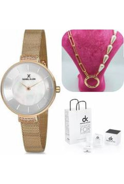 Daniel Klein Altın Sarı Çelik Kadın Kol Saat ve Zirkon Taşlı Inci Kolye Set