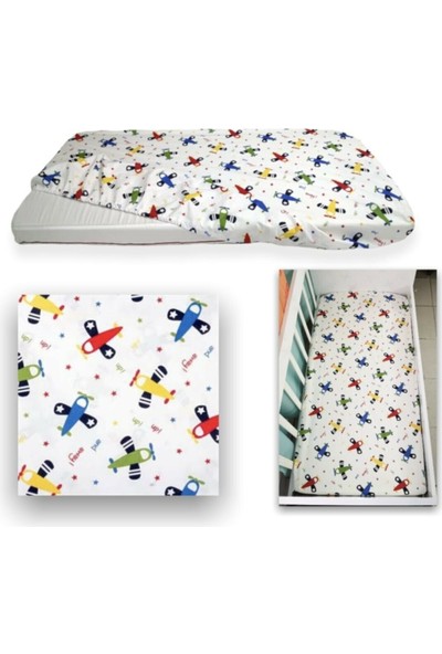 Bebek Özel % 100 Pamuklu Bebek ve Çocuk Lastikli Çarşaf Uçaklı 70X120