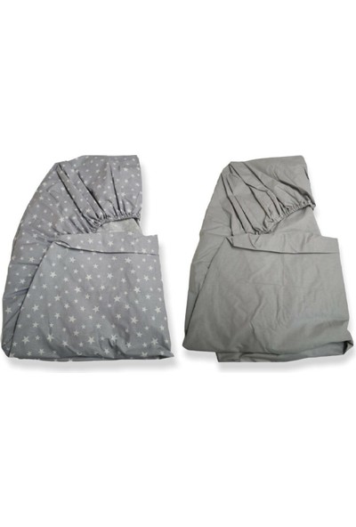 Bebek Özel Pamuklu Bebek ve Çocuk Lastikli Çarşaf Gri ve Yıldızlı Gri 70X170 (2 Adet)