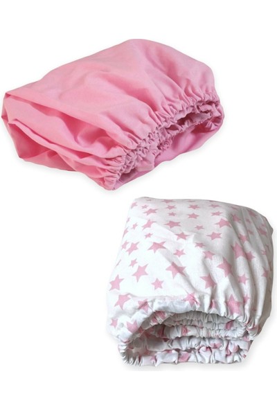 Bebek Özel Pamuklu Bebek ve Çocuk Lastikli Çarşaf Pembe ve Pembe Yıldızlı 70X110 (2 Adet)